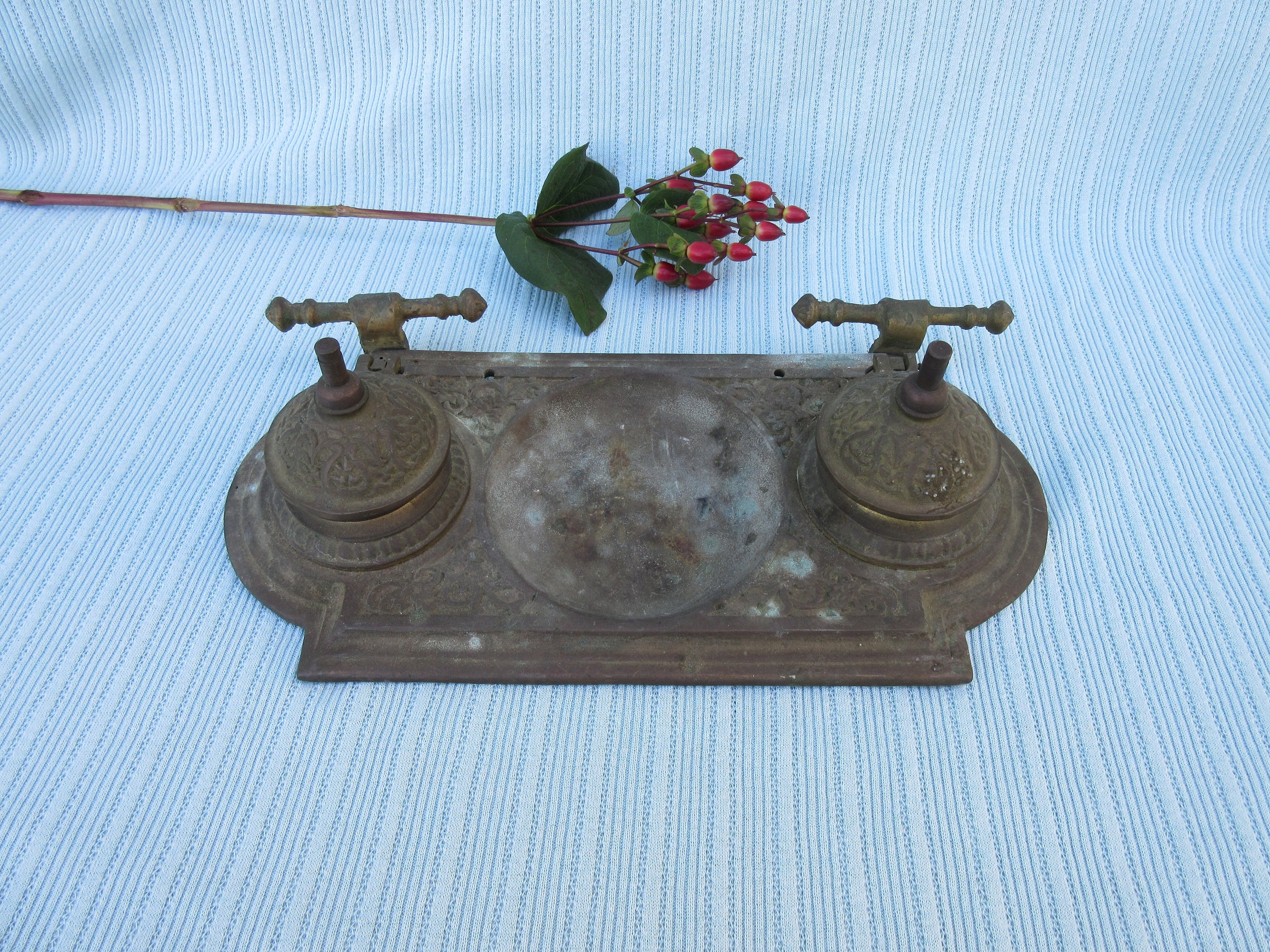 Antique double inkwell Vintage solid brass divided mail | Etsy