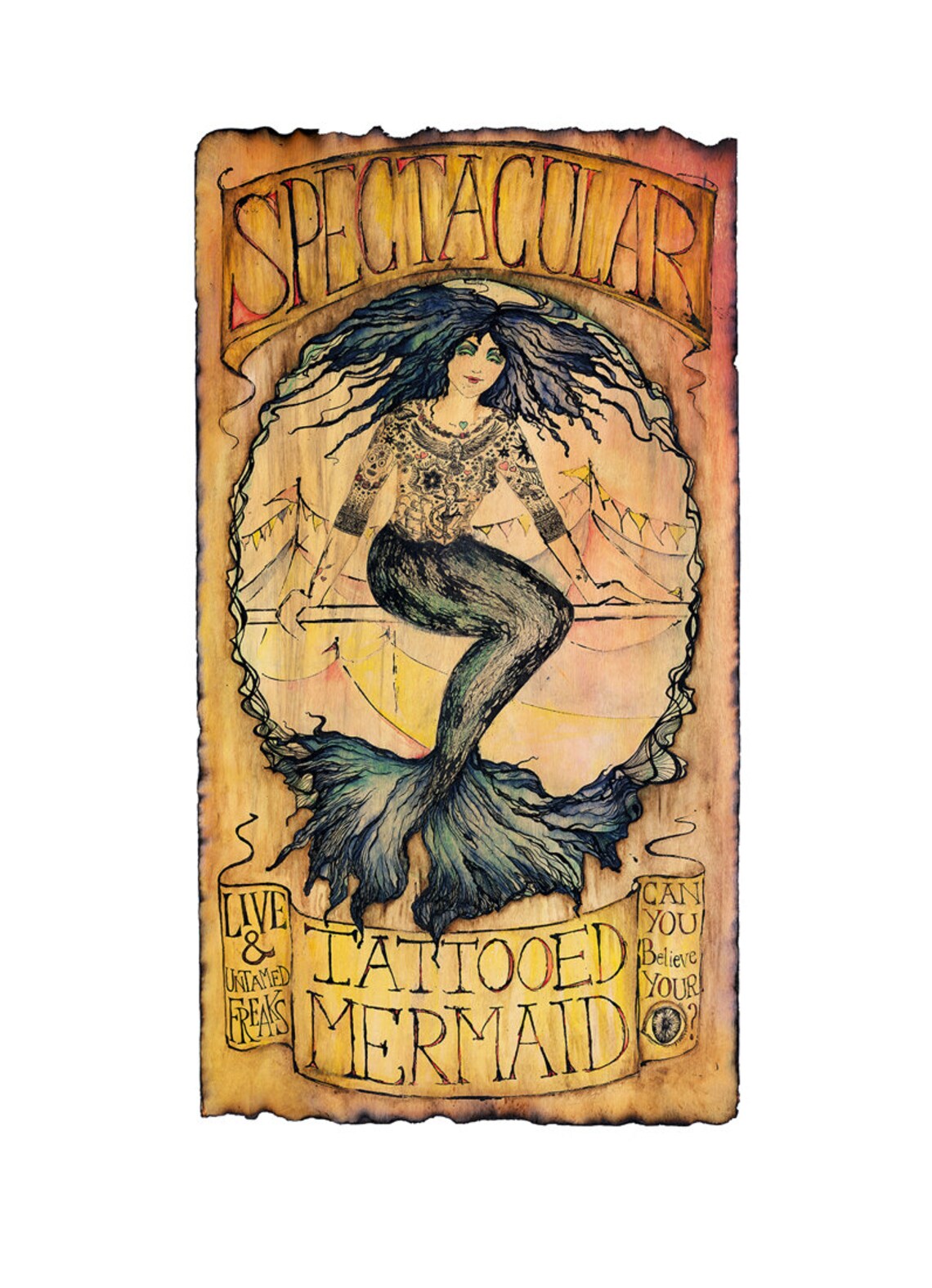 Mermaid Art Print: Spectacular Tattooed Mermaid From an - Etsy