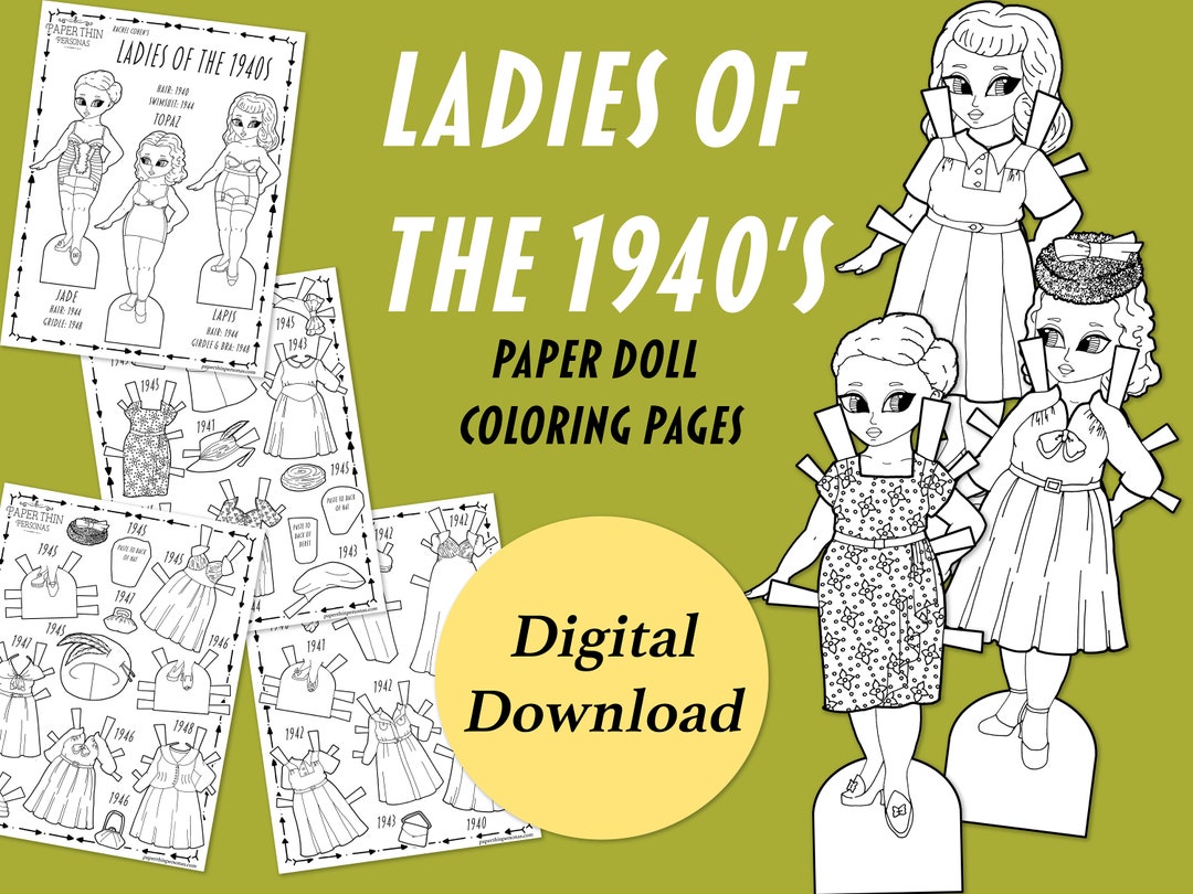 1940s Paper Doll Printable Coloring Book PDF, Retro Fashion Paper Dolls ...