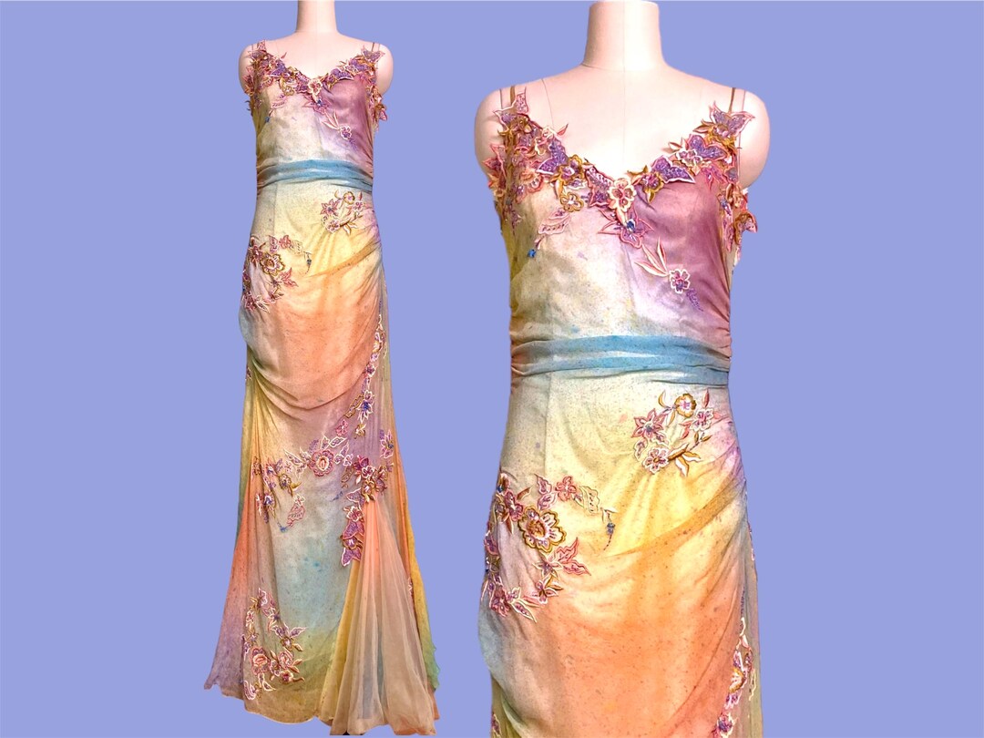 2000s Silk Rainbow Prom Dress: Beaded Floral Embroidery, Mermaid Flare ...
