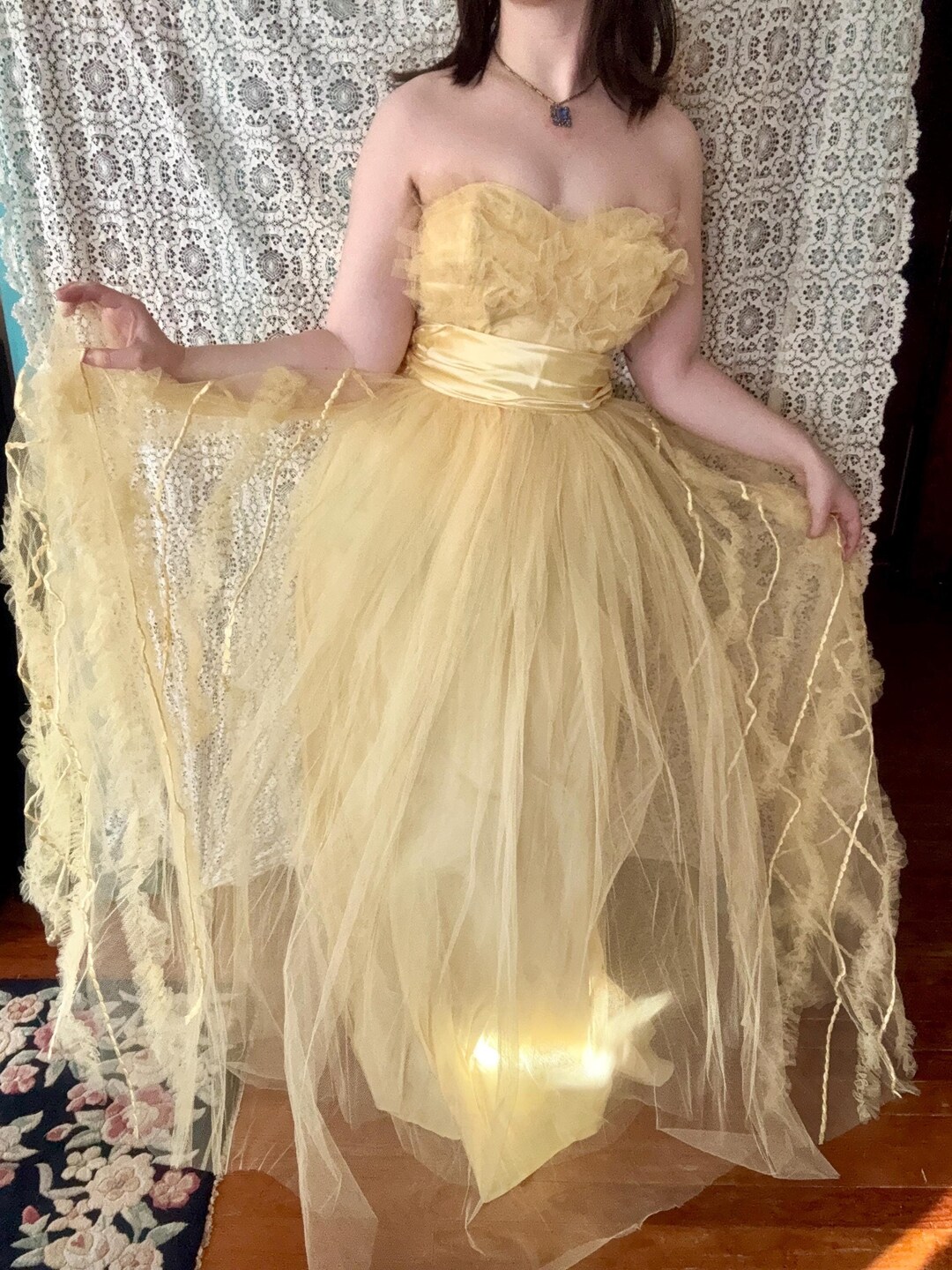1950s Yellow Prom Dress, Cupcake Tulle, Layered Maxi, Strapless ...