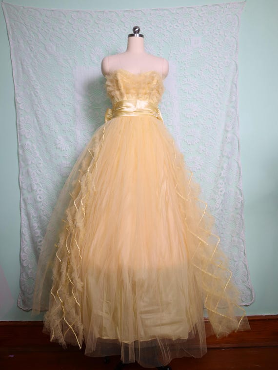 1950s yellow prom dress, cupcake tulle, layered maxi,… - Gem