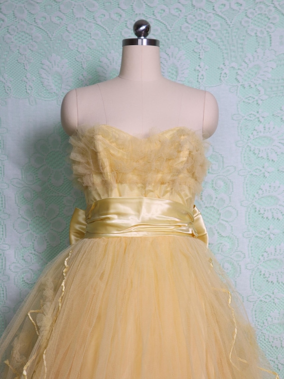 1950s yellow prom dress, cupcake tulle, layered maxi,… - Gem