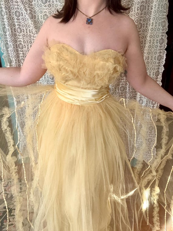 1950s yellow prom dress, cupcake tulle, layered maxi,… - Gem