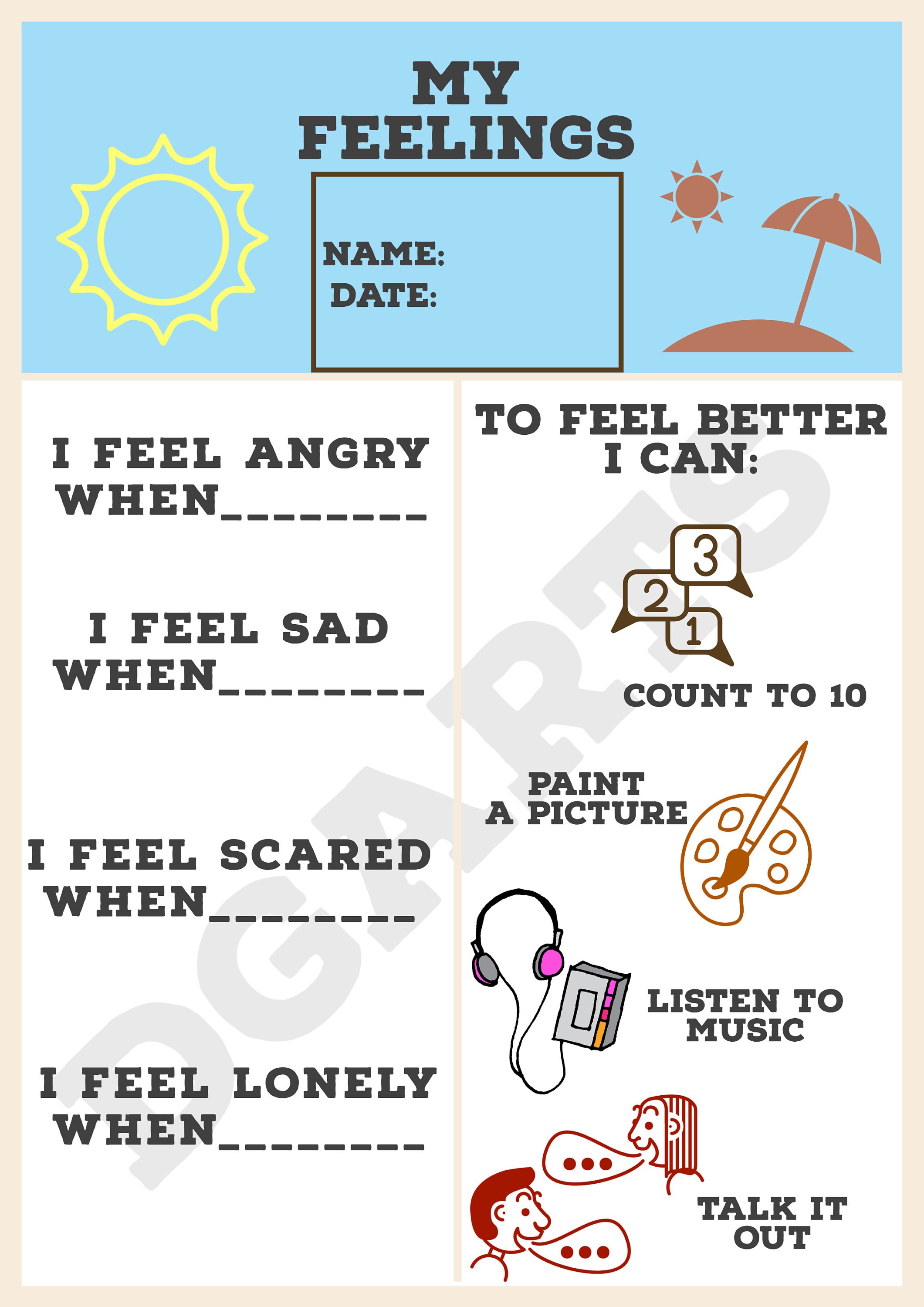 Summer Feelings Worksheets, Coping Skills, Therapy Worksheet for Kids ...
