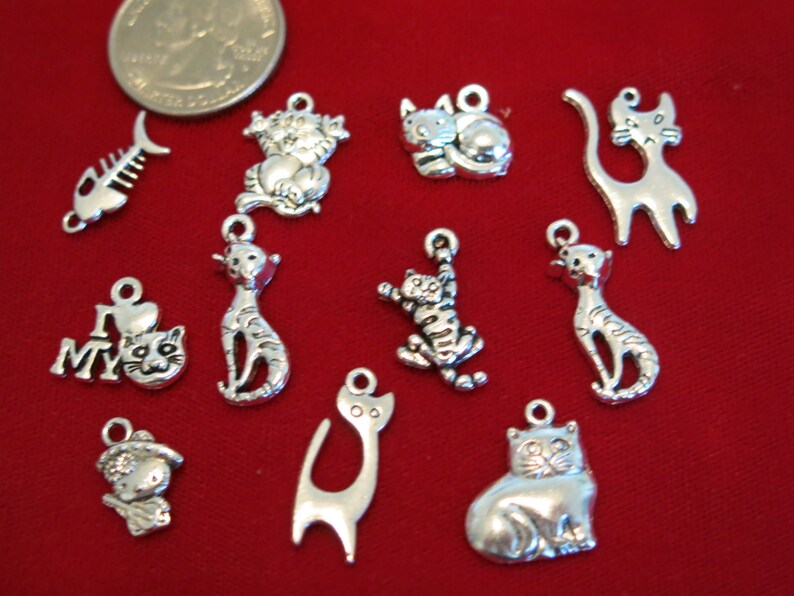 10pc Set cats Charms in Antique Silver Style - Etsy