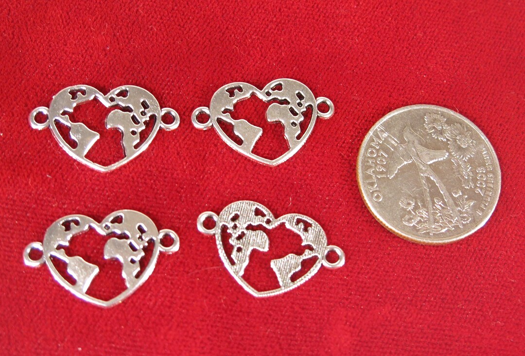 10pc "word Map" Heart Connector Charms in Antique Silver Style (BC1529 ...