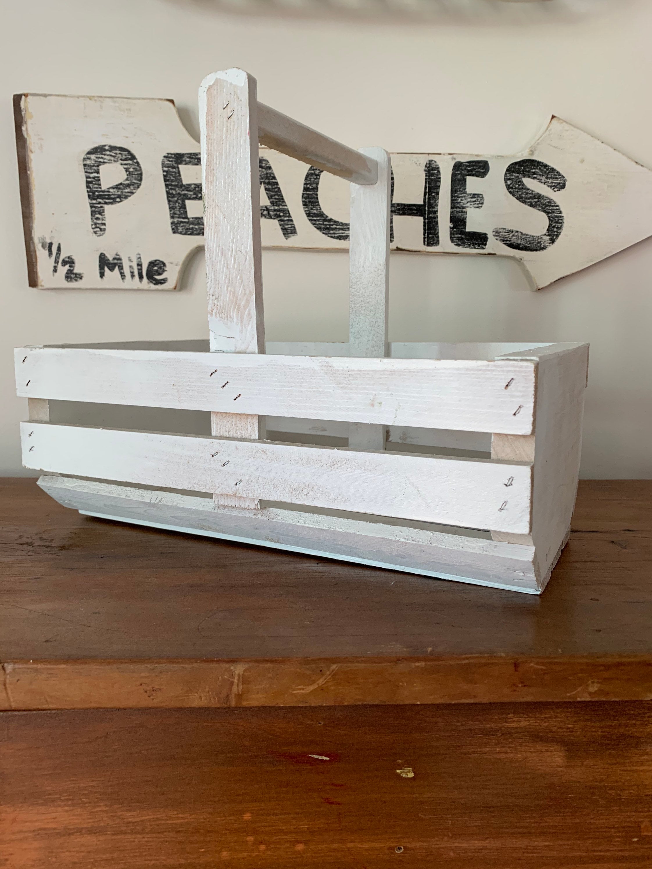 Vintage White Basket W/ Handle White Painted Wooden Basket | Etsy