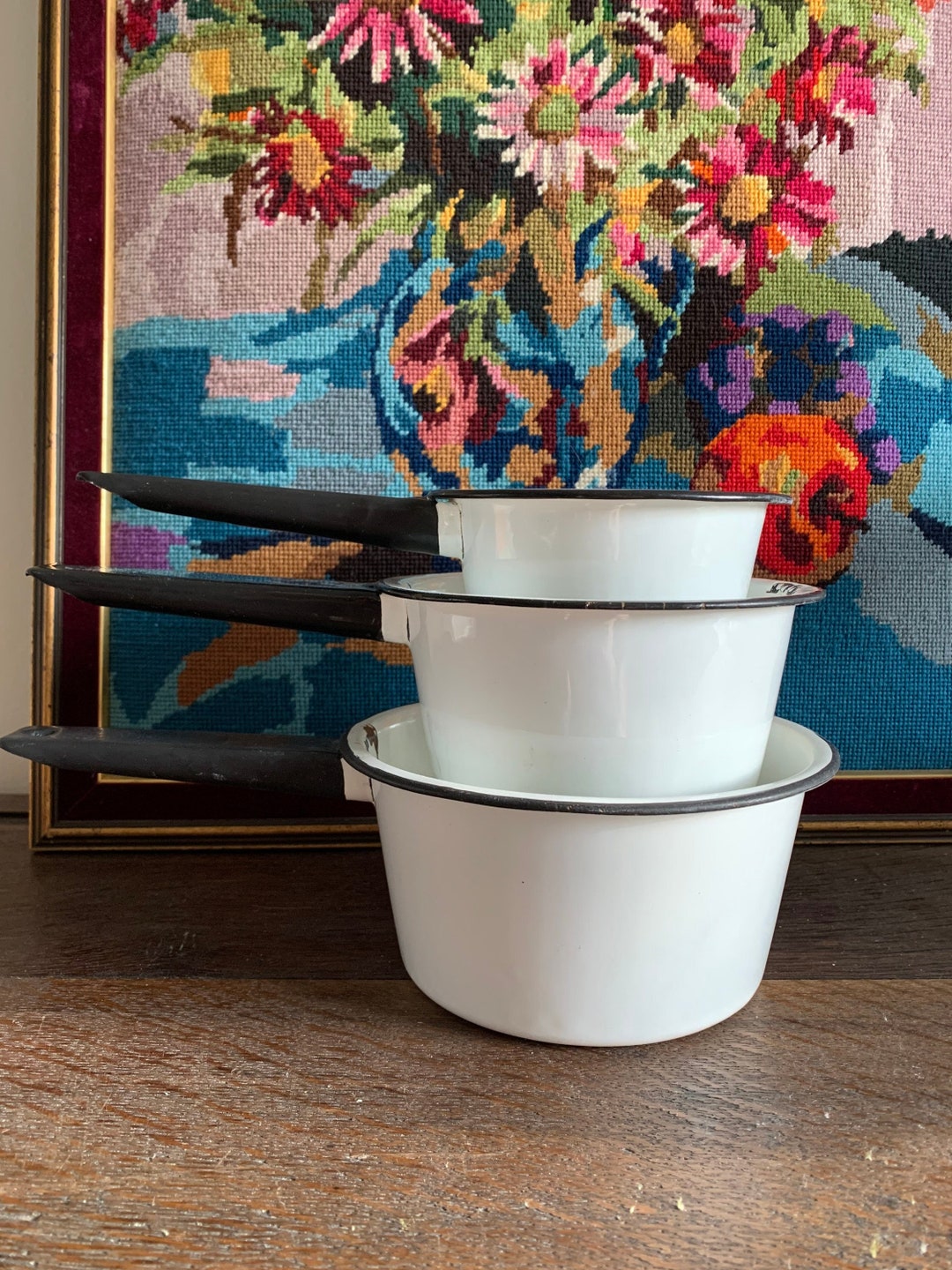 Enamelware Pots, Set of Three Enamelware Pots, White and Black ...