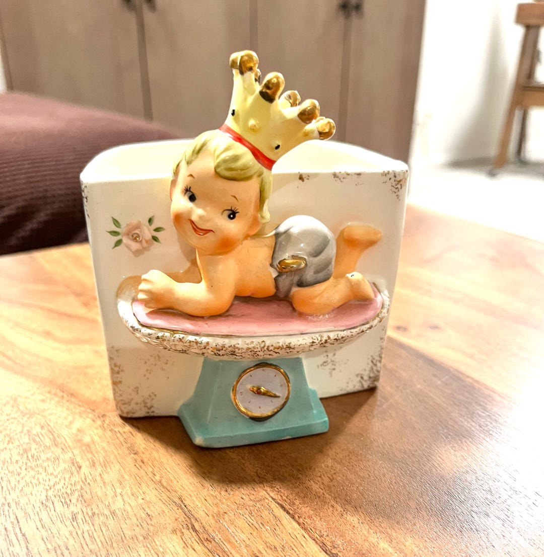 Vintage Geo. Lefton 983 Ceramic Baby Wearing Crown and on A Scale ...