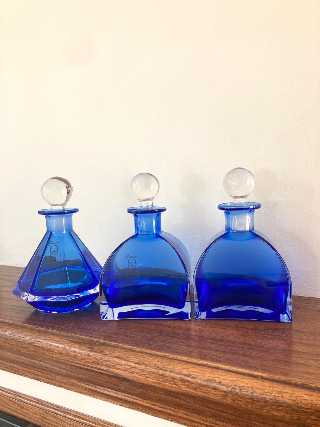 Vintage Collezione Glass Line 3 Perfume Bottles With Stoppers in Cobalt ...