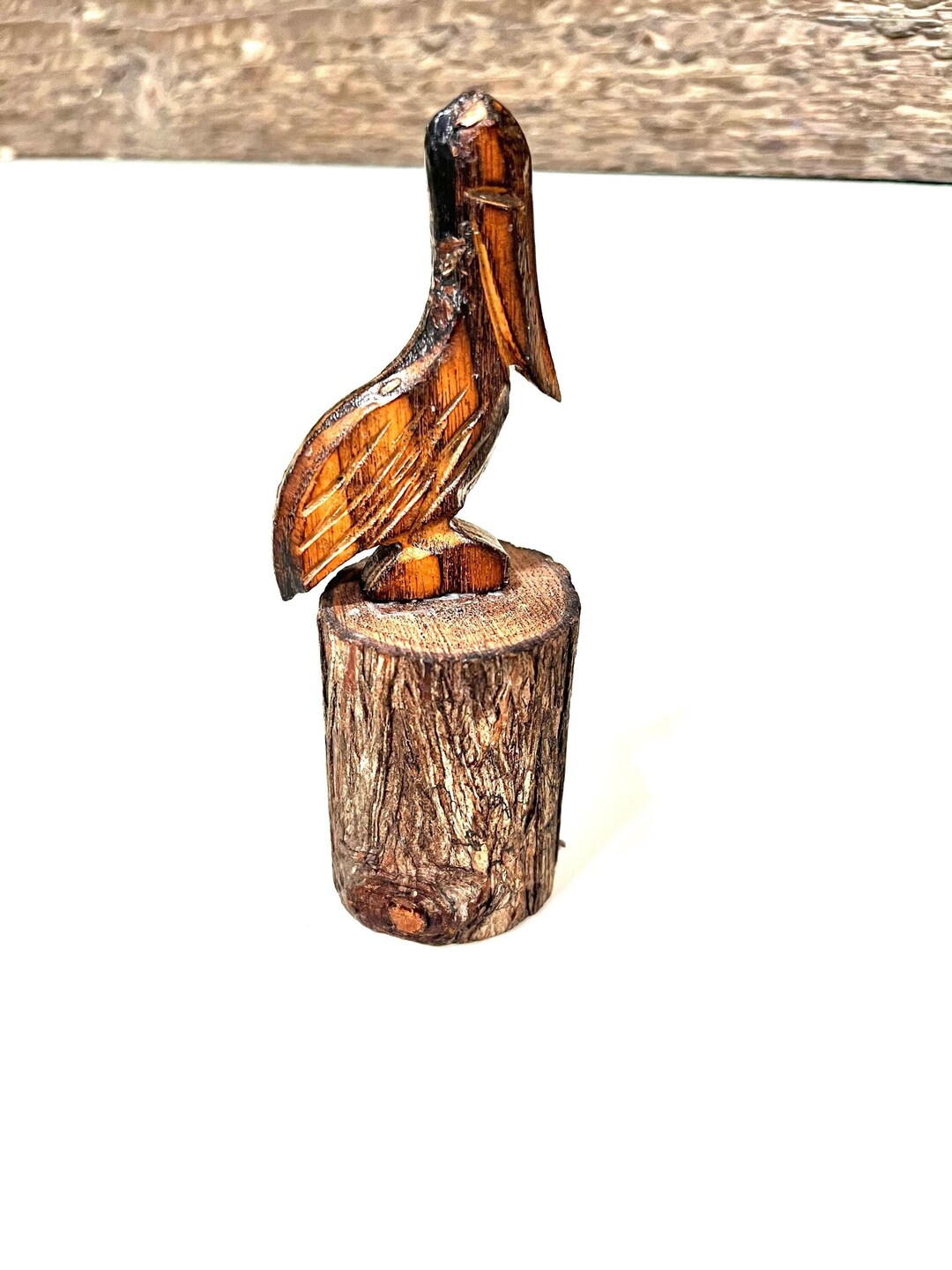 Vintage Hand Carved Mini Pelican on A Wood Stump Figurine - Etsy