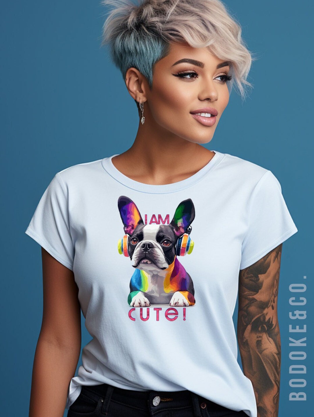 Watercolor Boston Terrier Listening to Music "i Am Cute" Quote / T ...