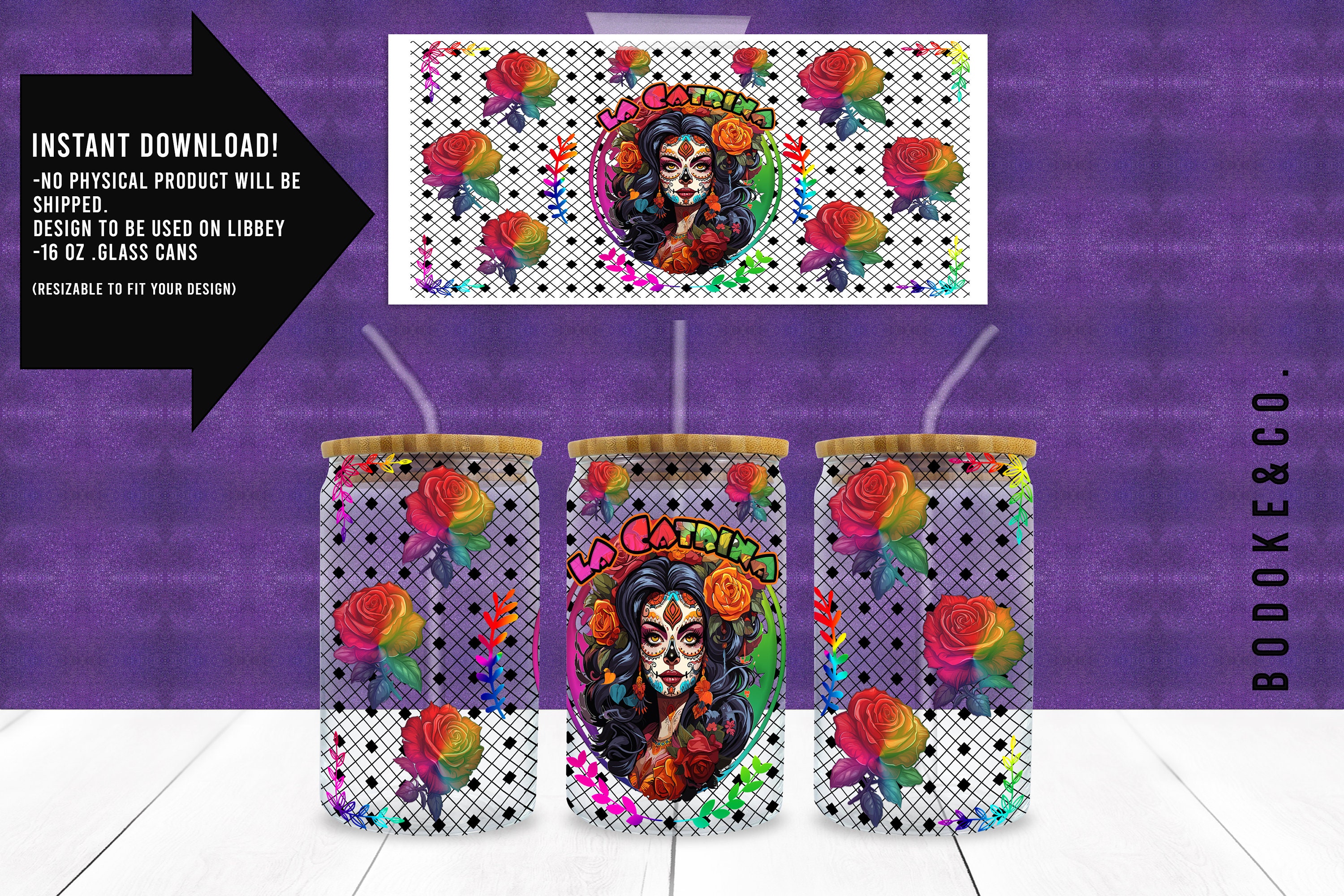 Colorful La Catrina & Roses 16 Oz. Digital Wrap / PNG File / Commercial ...