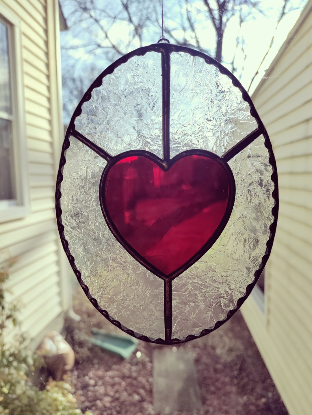 Cathedral Red Heart Suncatcher in Glue Chip Glass Oval Background - Etsy