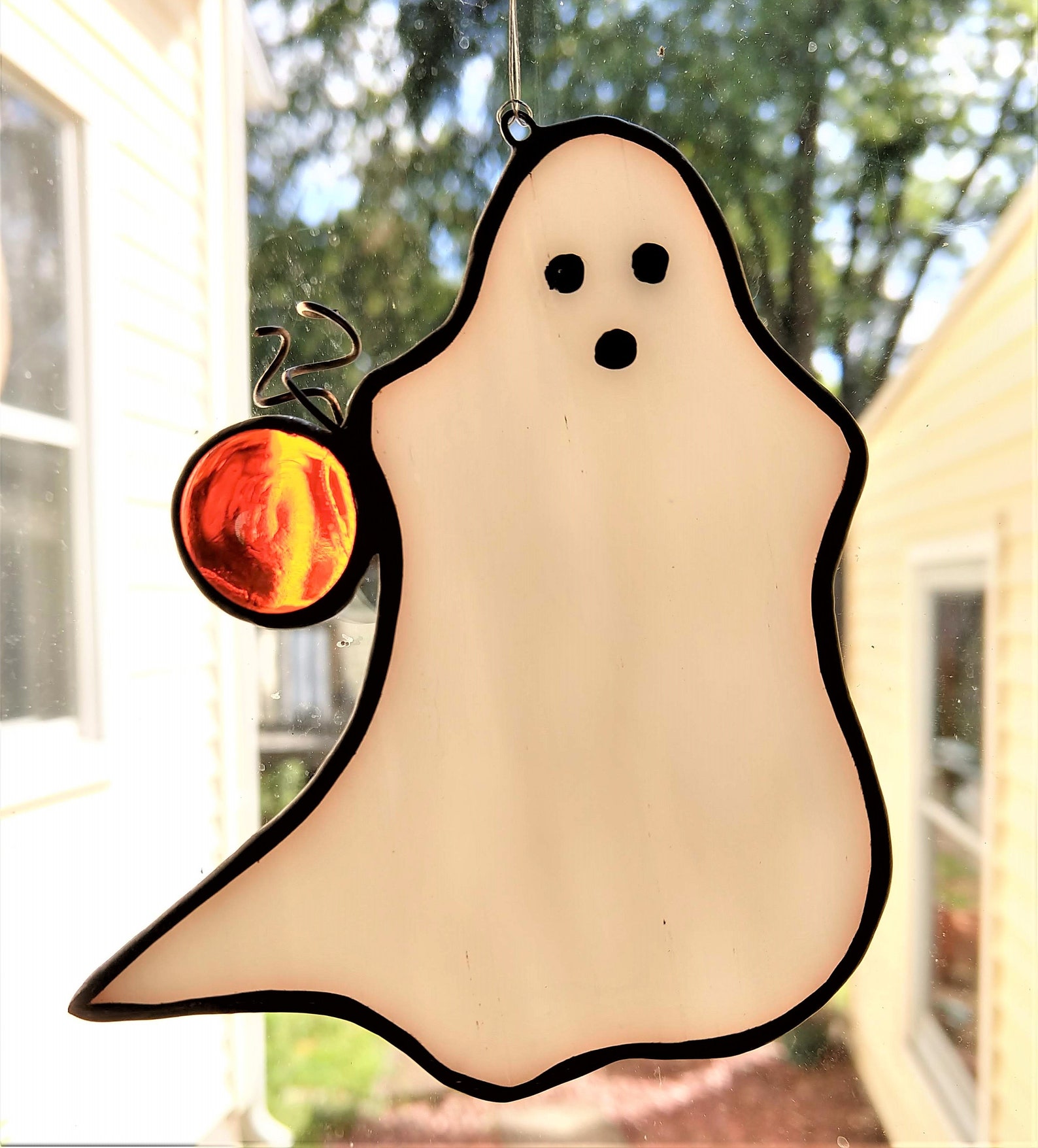 Stained Glass Ghost With Pumpkin Suncatcher Original Design - Etsy