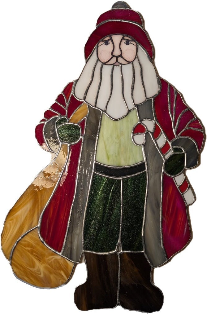 Woodlands Santa Giant Stained Glass Suncatcher Panel. Free Hanging, 17 3/4 Inches H, 11 1/2 ...
