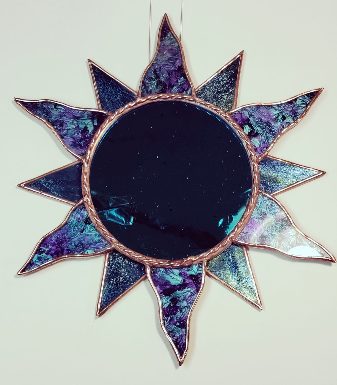 Hand Made Stained Glass Sunburst (sun) With Textured Blue Mirror Center ...