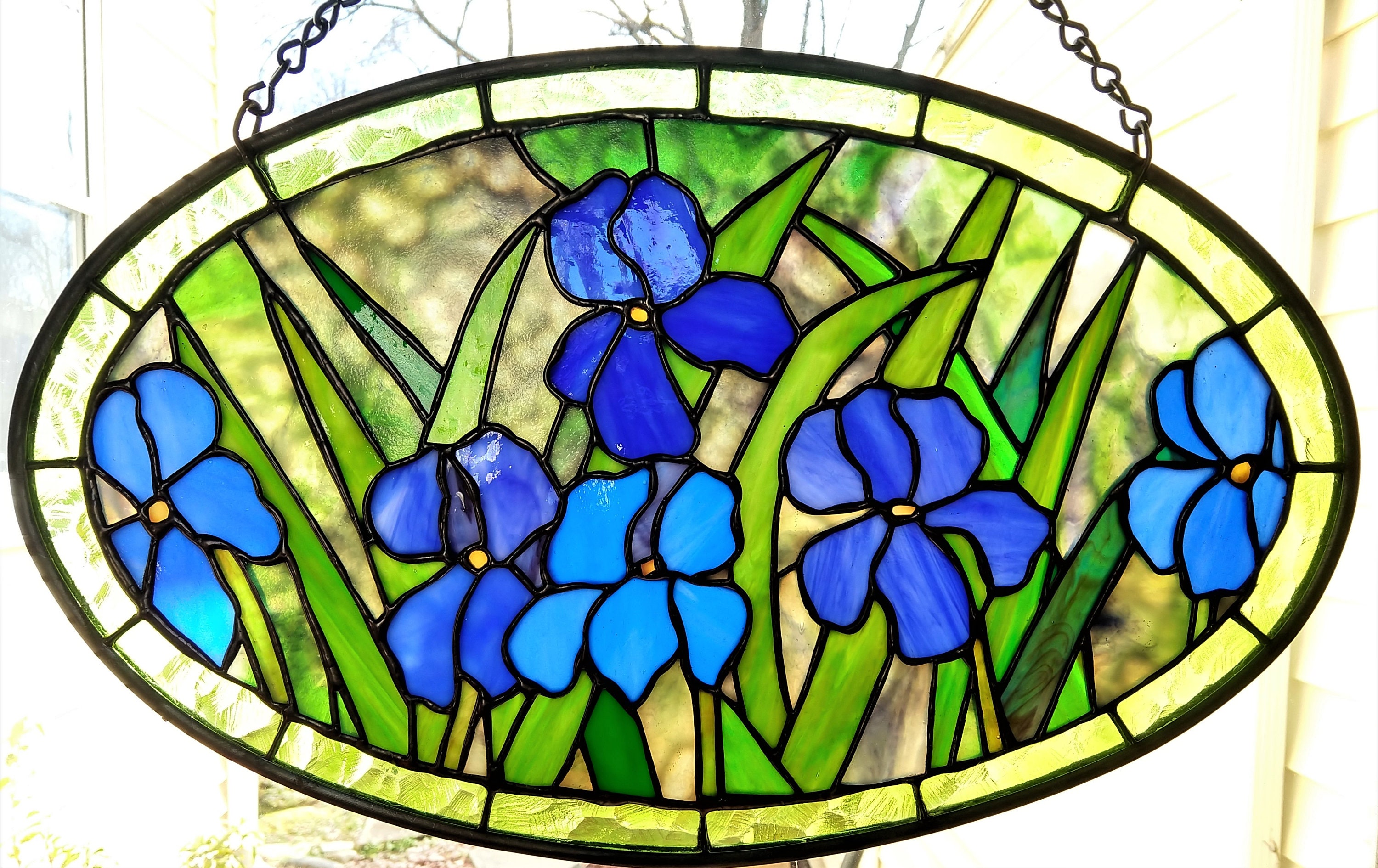 Moody Blues Oval Iris Stained Glass Panel Hand Crafted Stained Glass ...