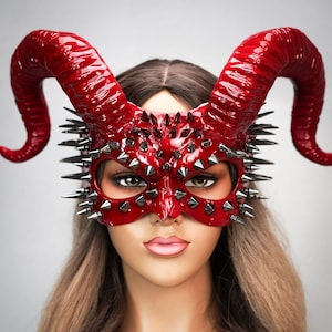 Crimson Red Spike Devil Ram Mask Horns Spikes Rivet Antler Natural ...