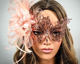 Rose Gold Masquerade Mask Rose Gold Headdress Feather - Etsy