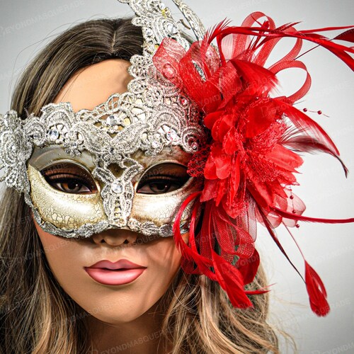 Red Masks Lace Halloween Mask feather Masquerade | Etsy