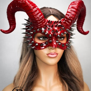 Crimson Red Spike Devil Ram Mask Horns Spikes Rivet Antler Natural ...