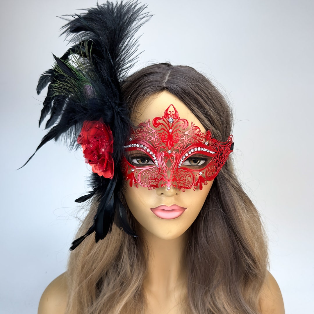 Black Red Feather Masquerade Mask for Women, Lace Mask, Metal ...
