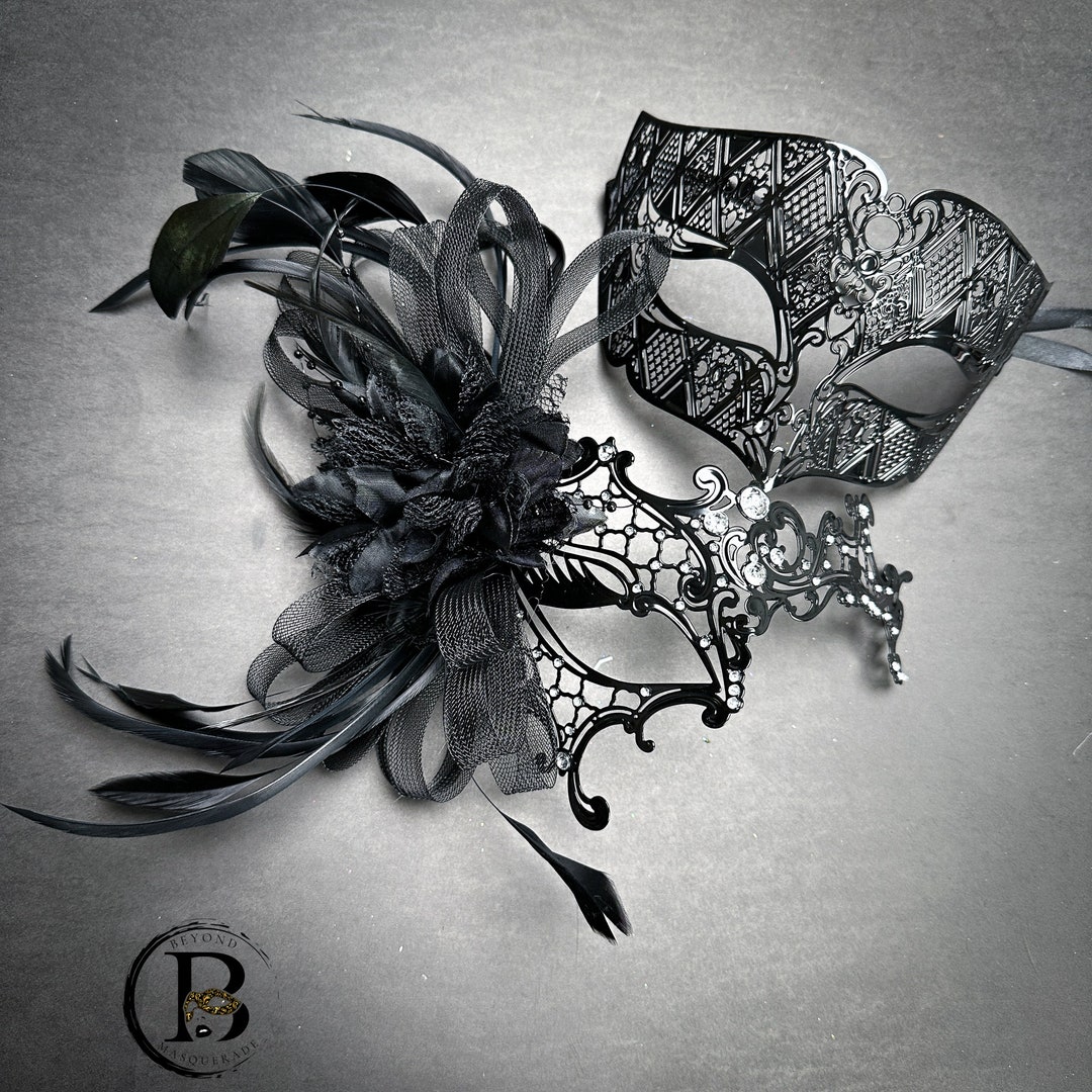 Black Lace Feather Masquerade Mask, Metal Mardi Gras Venetian ...