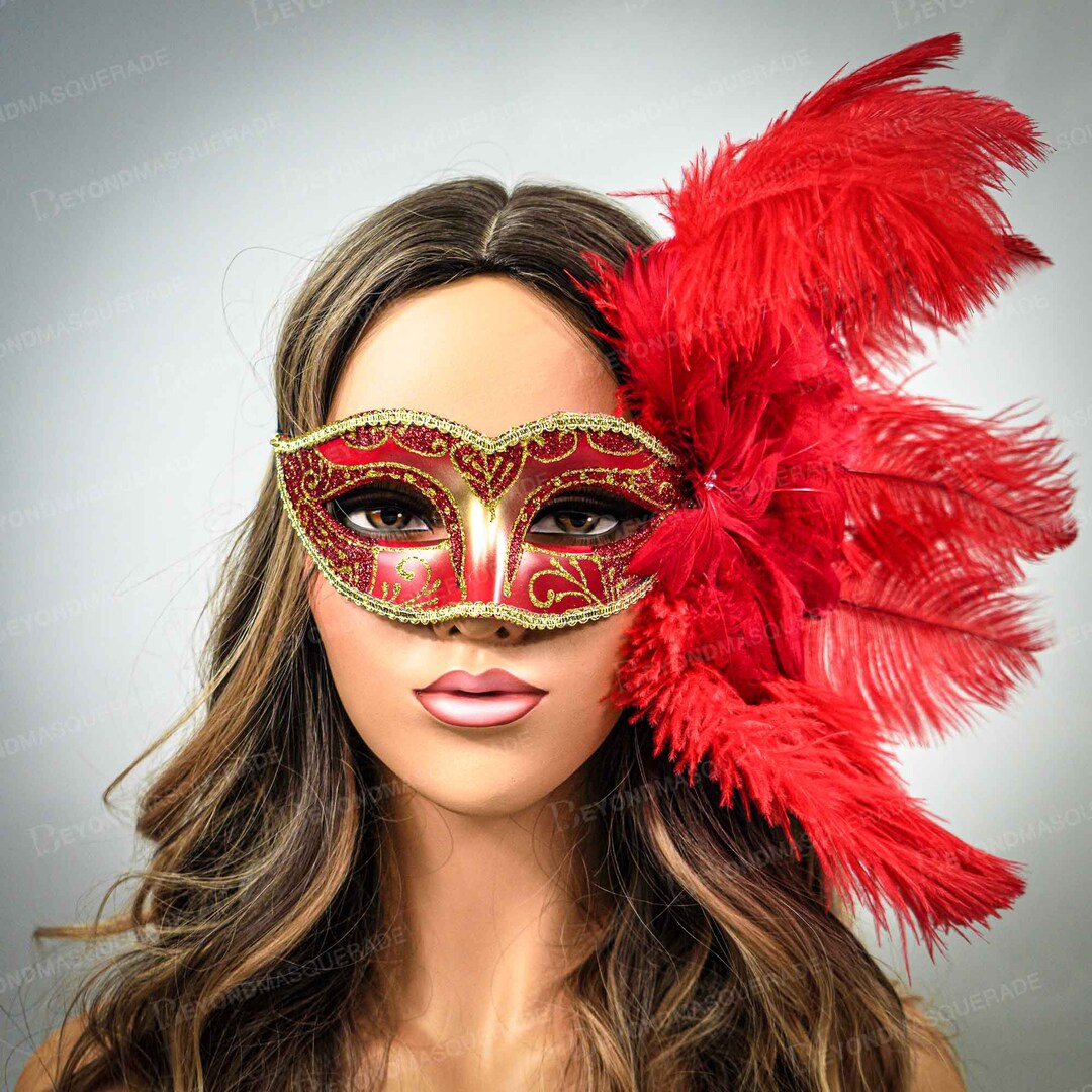 Feather Masquerade Masks, Womens Red Mask Large Feathers, Red Feather ...