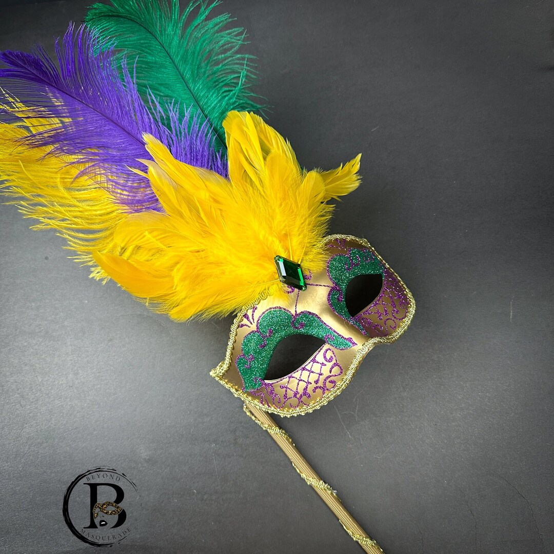 Holding Stick Mardi Gras Masquerade Mask With Feathers Halloween ...