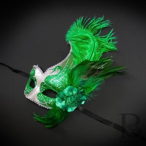 Green Silver Masquerade Mask With Intricate Glitter Swan Design and ...