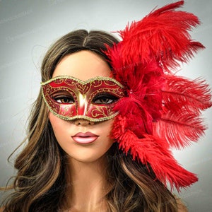 Feather Masquerade Masks, Womens Red Mask Large Feathers, Red Feather ...