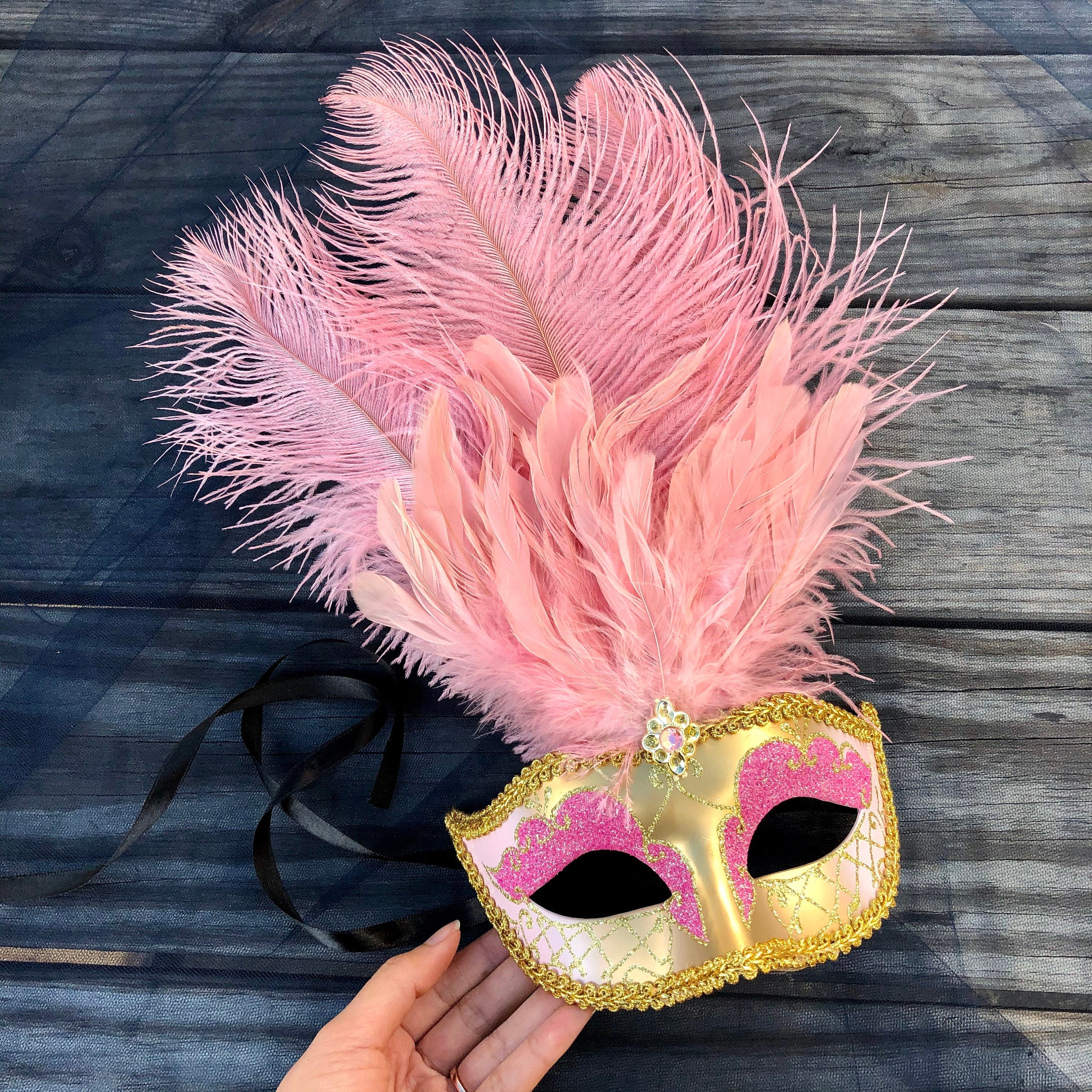 Feather Masquerade Mask Pink And Gold Mardi Gras Masquerade Etsy