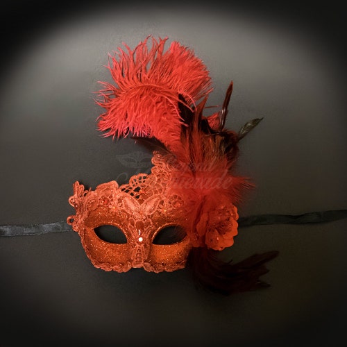 Red Masks Lace Halloween Mask feather Masquerade | Etsy