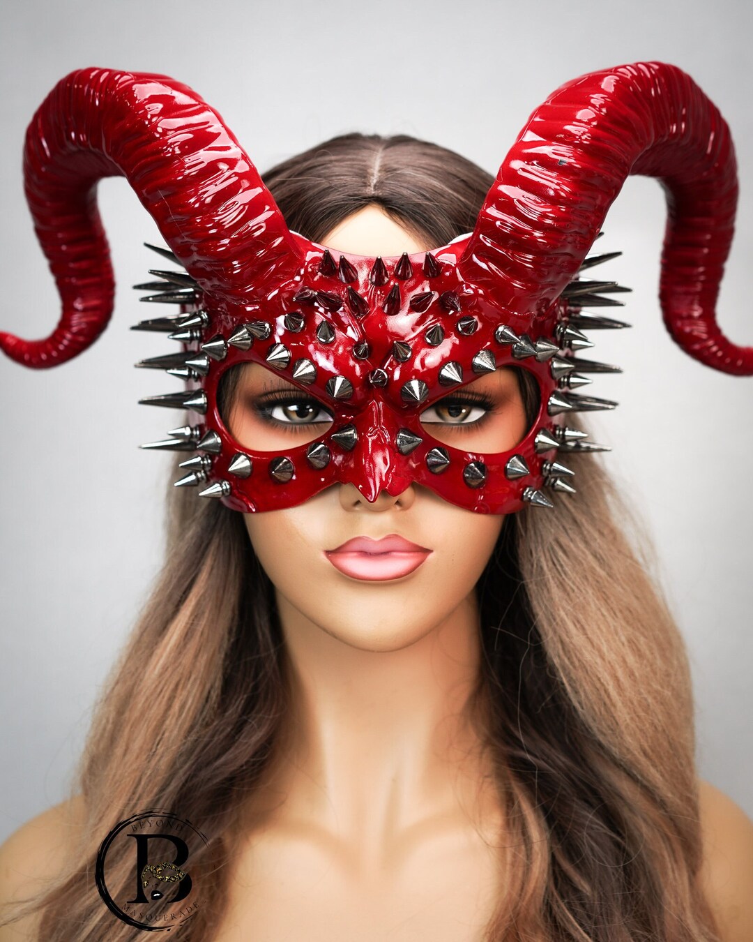 Crimson Red Spike Devil Ram Mask Horns Spikes Rivet Antler Natural ...