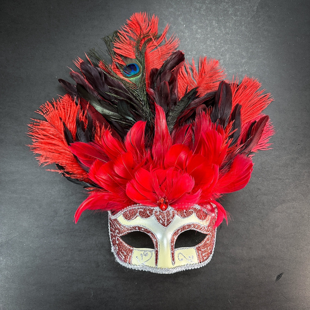 Red Feather Masquerade Mask, Mardi Gras Mask, Great Gatsby Dress, Red ...