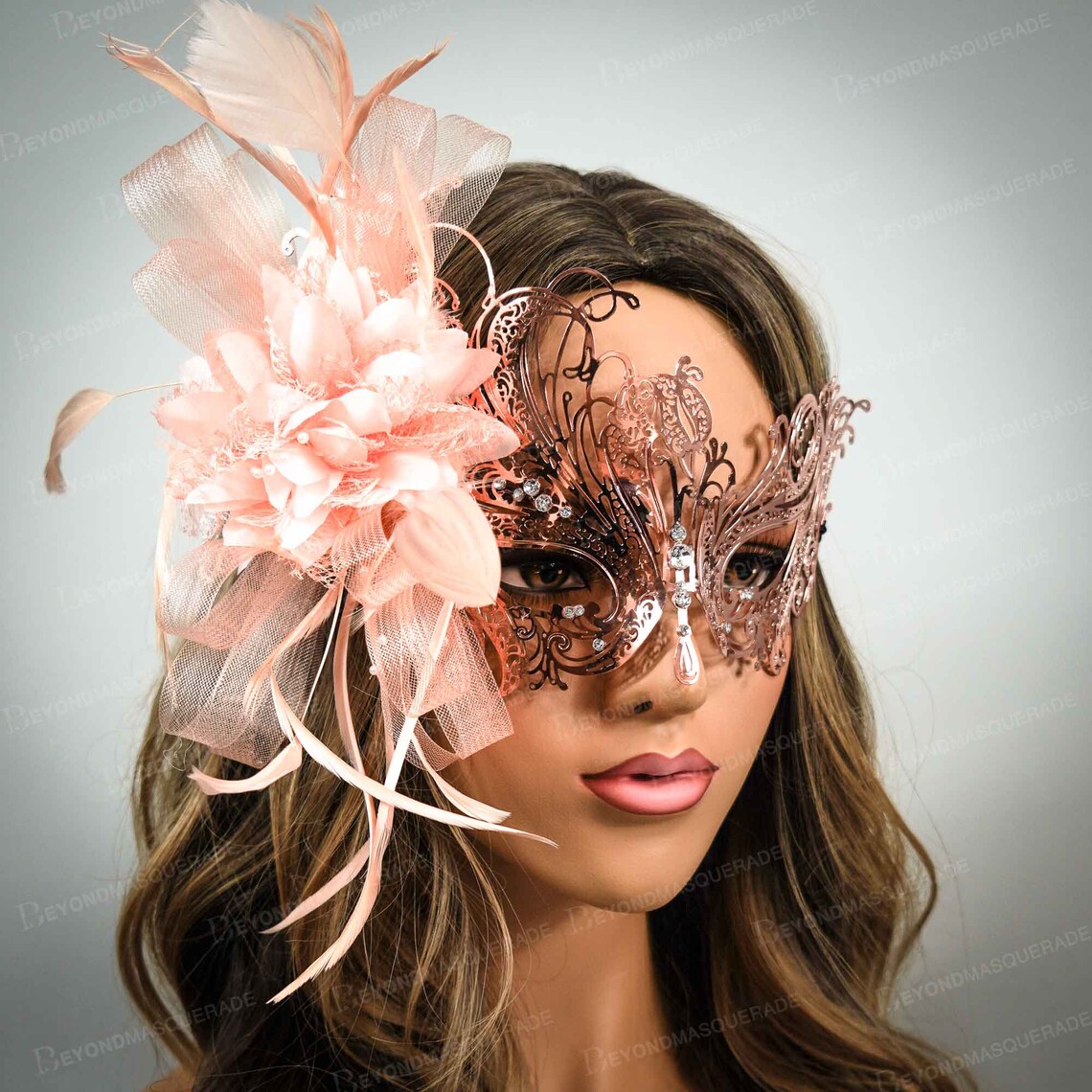 Rose Gold Masquerade Mask Rose Gold Headdress Feather | Etsy