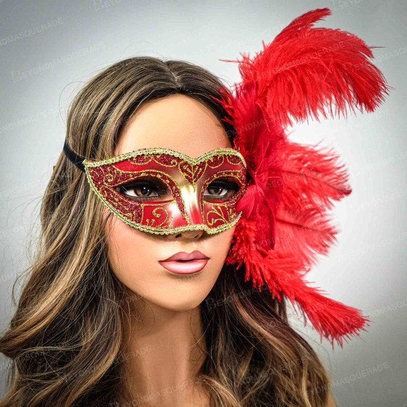 Feather Masquerade Masks Womens Red Mask Large Feathers Red - Etsy