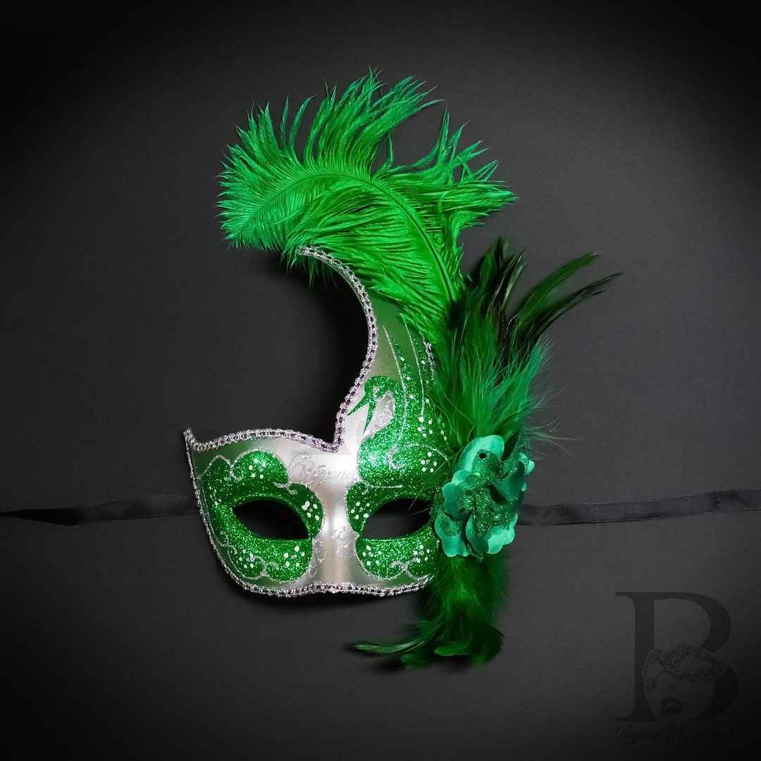 Green Silver Masquerade Mask With Intricate Glitter Swan Design and ...