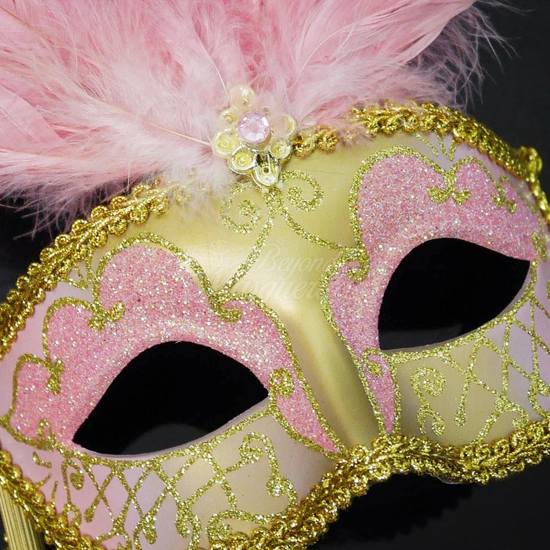 Masquerade Mask Gold Pink Mardi Gras Mask Mask with Handheld | Etsy