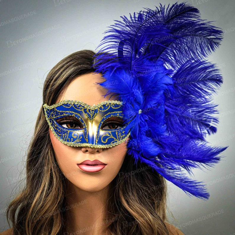 Feather Masquerade Mask Womens Blue Mask With Feathers Blue | Etsy