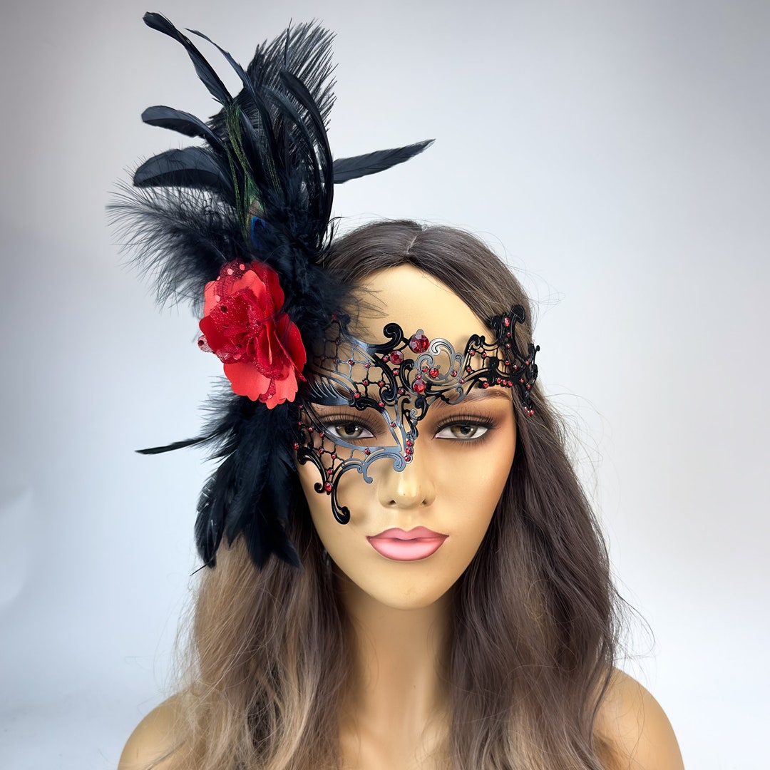 Dark Red Feather Masquerade Mask for Women, Lace Mask, Metal Masquerade ...