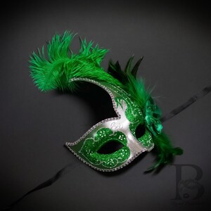Green Silver Masquerade Mask With Intricate Glitter Swan Design and ...