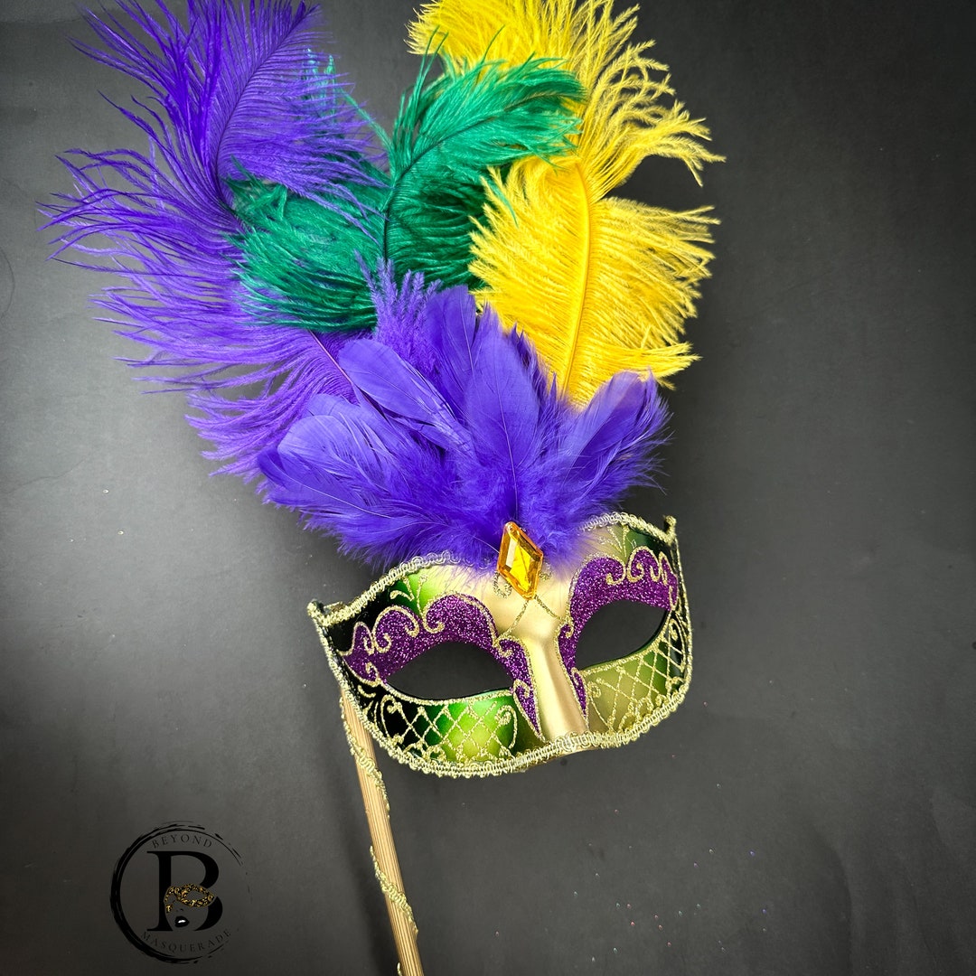Feather Masquerade Mask, Mardi Gras Mask, Mask With Handheld Stick ...