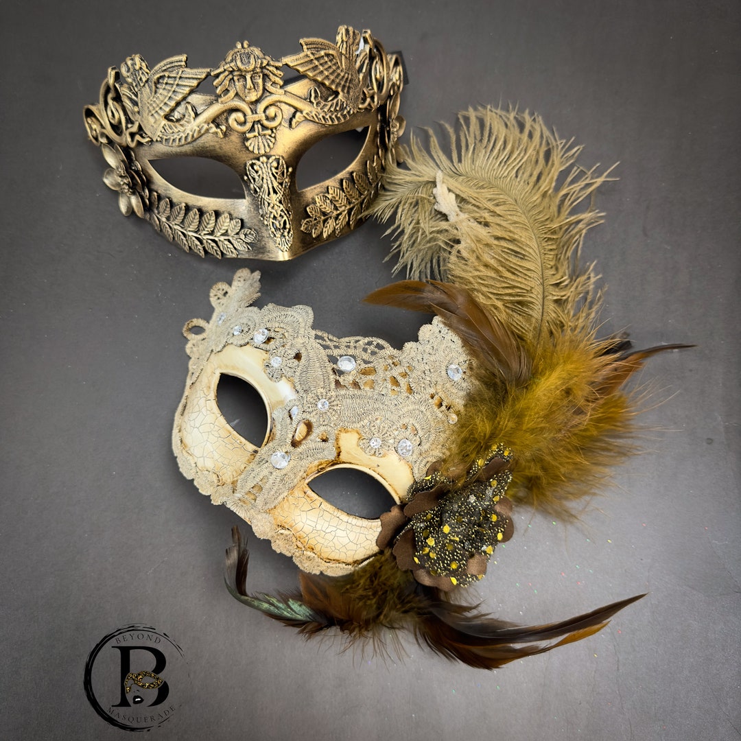 Gold Ivory Lace Feather Masquerade Mask for Couples, Mardi Gras ...