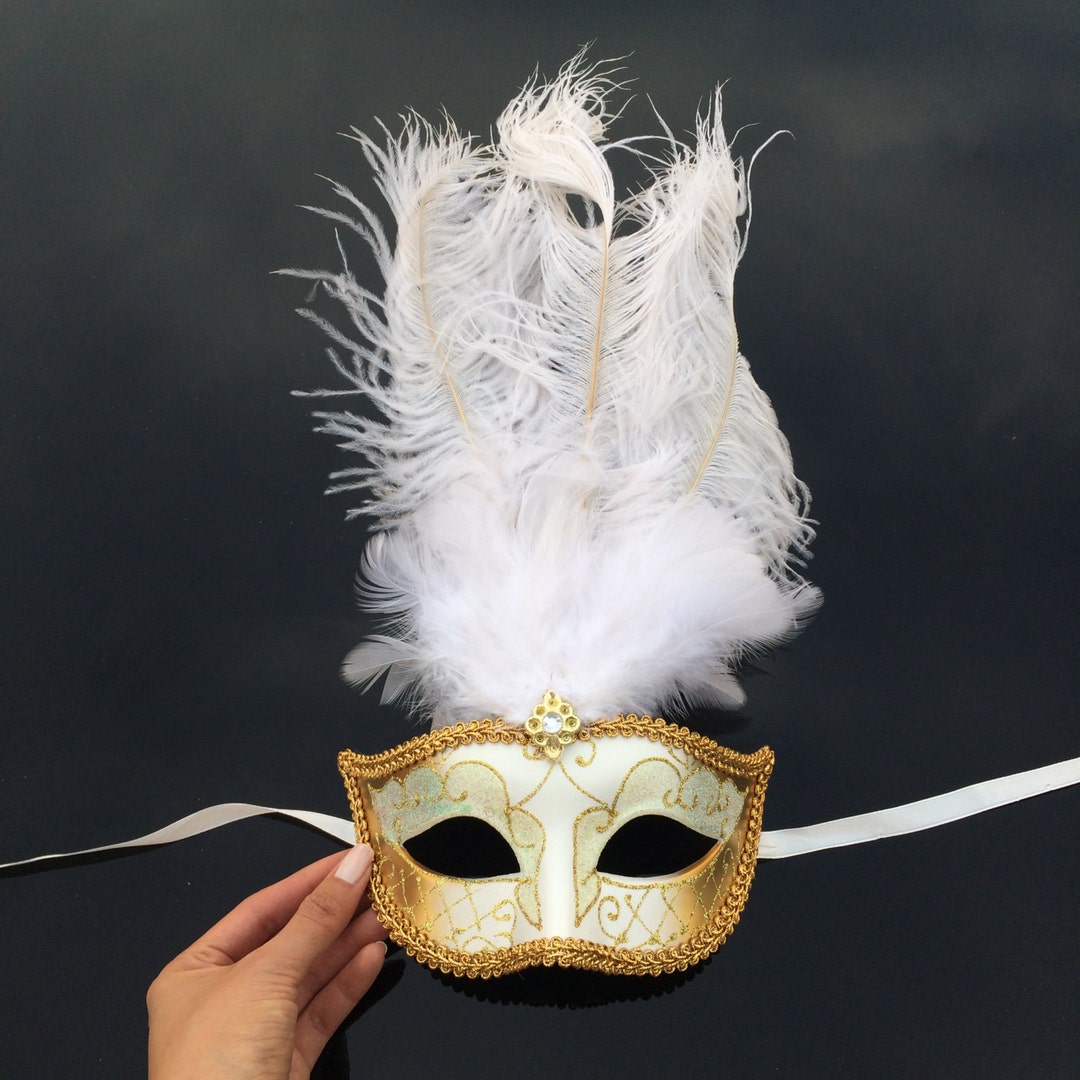 Gold Masquerade Mask, Mardi Gras, Mardi Gras Mask, White Feathers ...