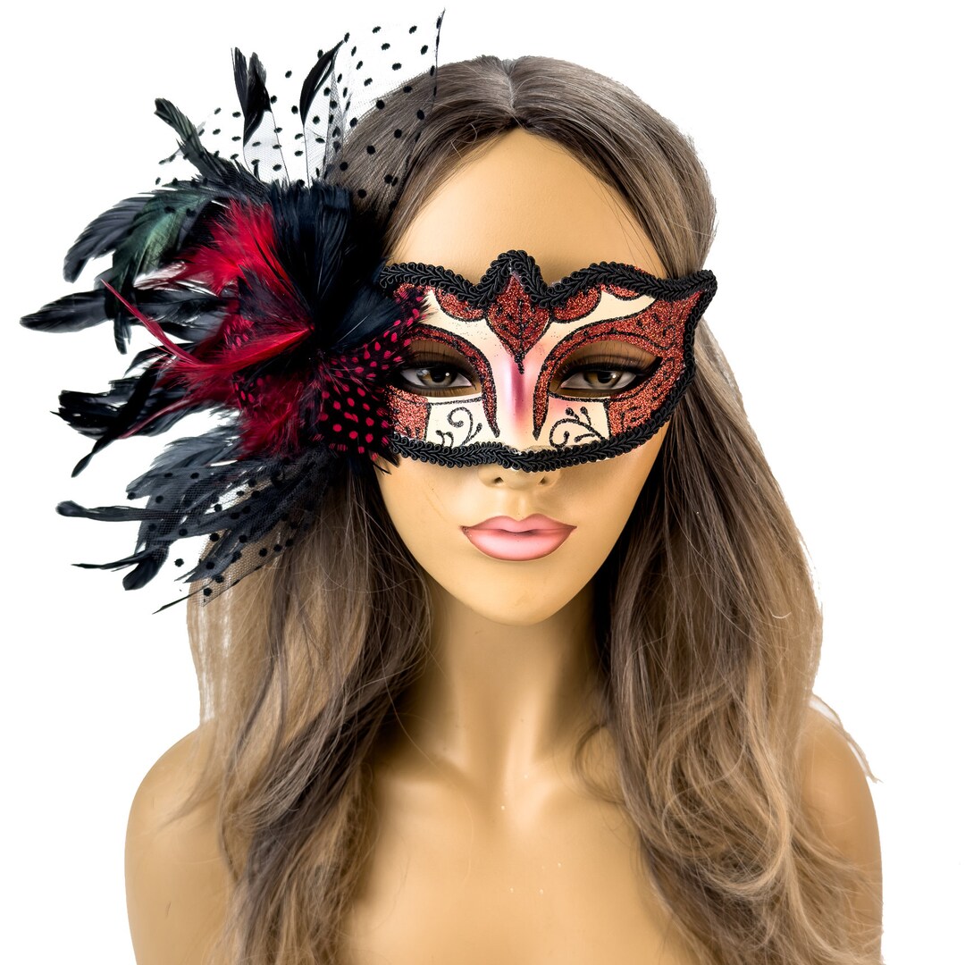 Luxury Red Masquerade Masks Black Red Masquerade Mask Feathers, Luxury ...
