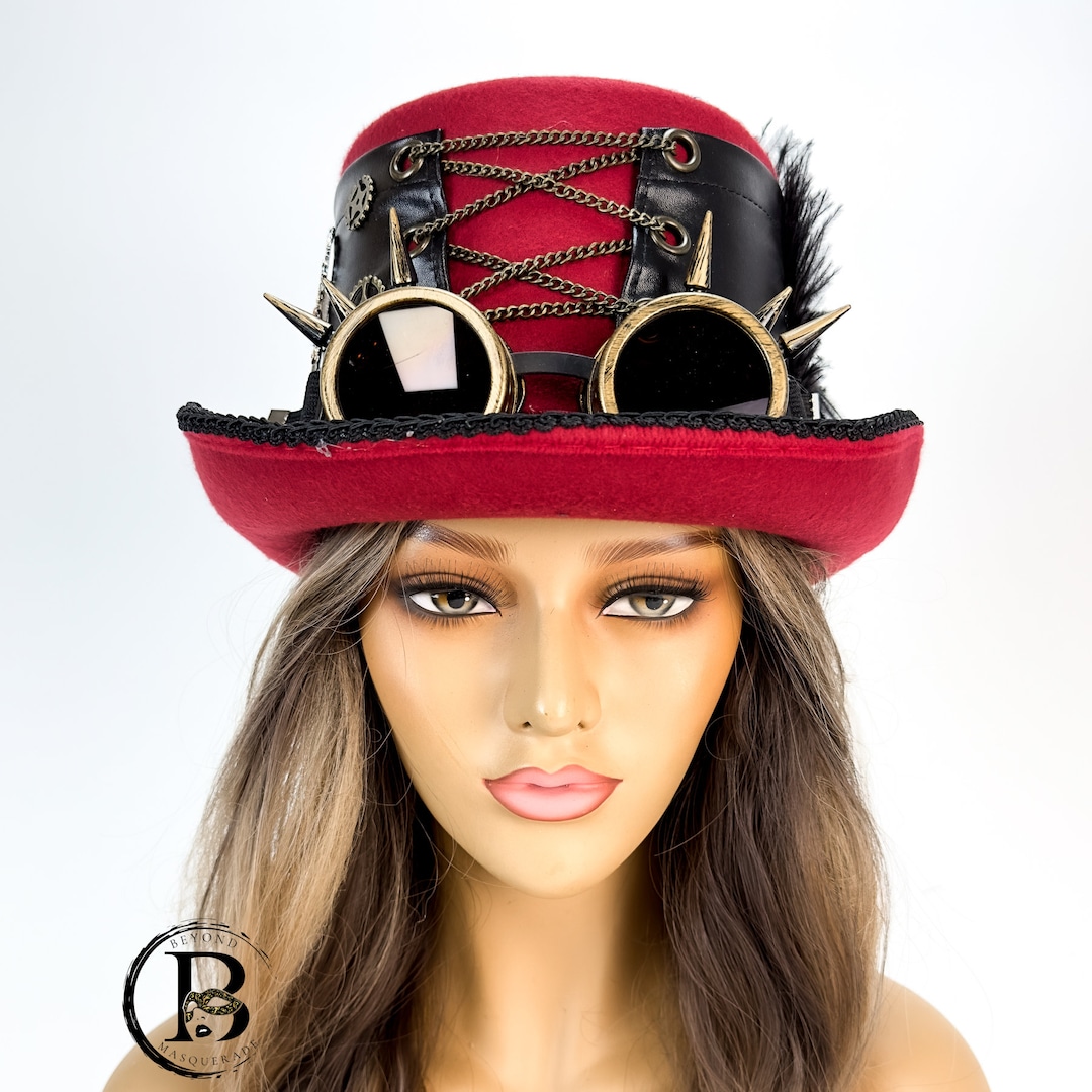Red Steampunk Hat Headpiece With Goggles Lace up Feathers Red Lace ...