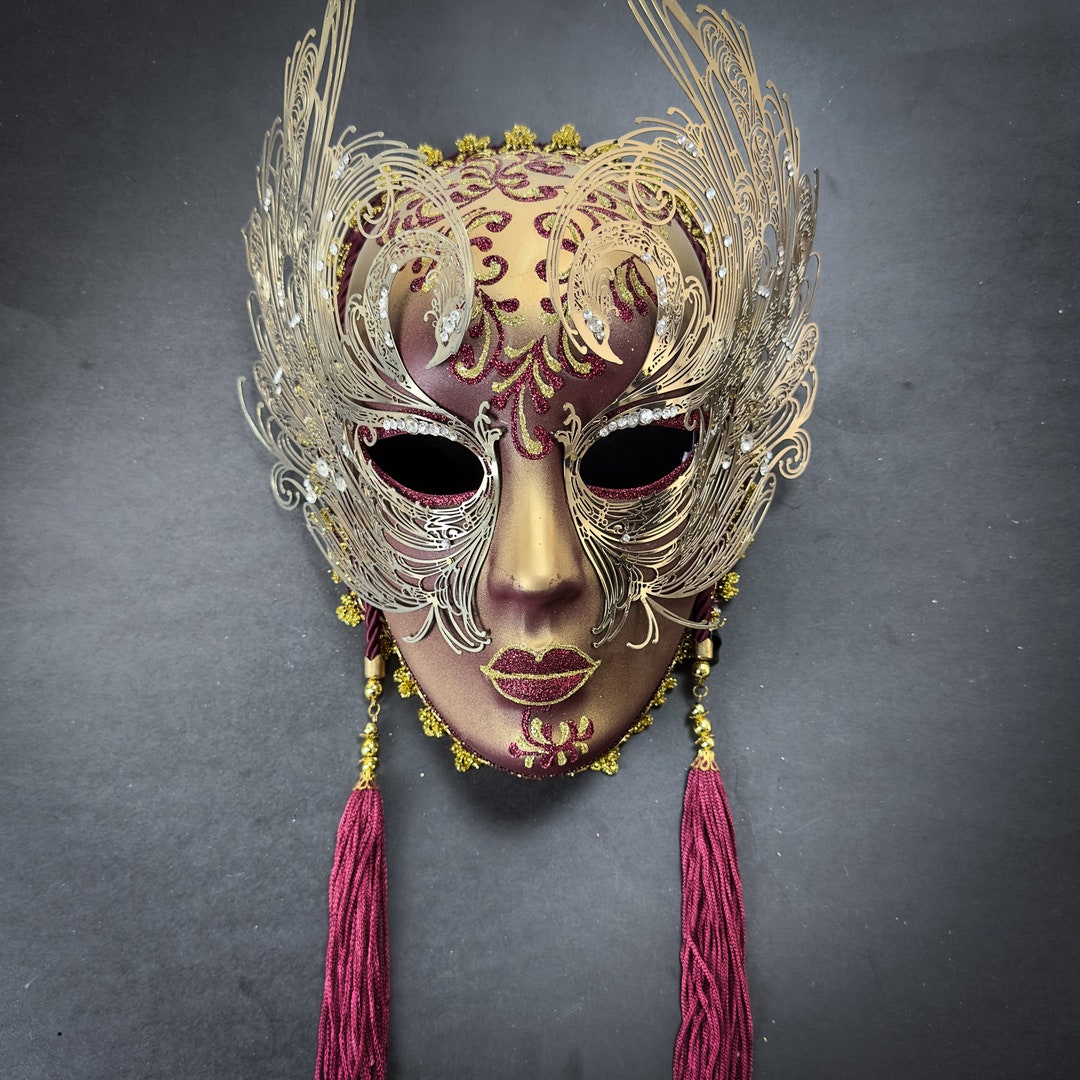 Burgundy Gold Masquerade Mask, Luxury Butterfly Wings Tassel ...